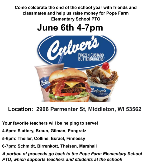 Culver's Share Night, June 6 : 4-7 pm | Pope Farm Elementary School